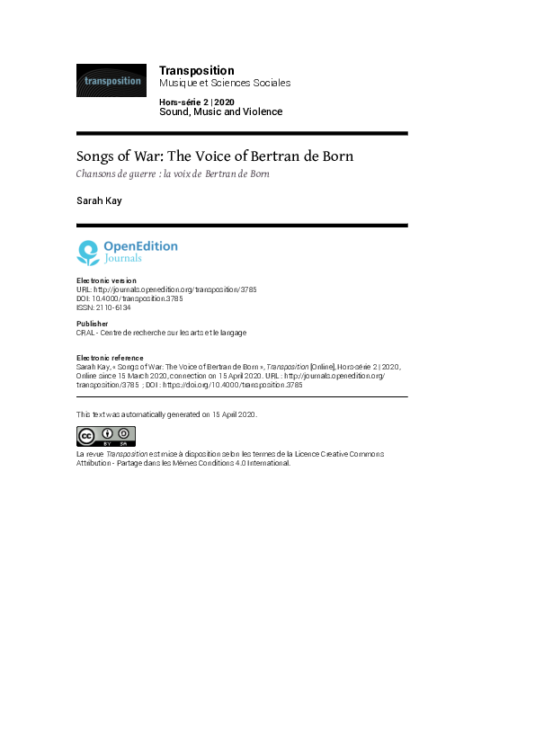 (PDF) Songs of War: The Voice of Bertran de Born