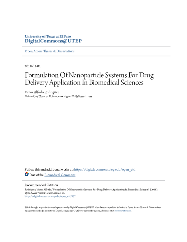 (PDF) Formulation of Nanoparticle Systems for Drug Delivery Application ...