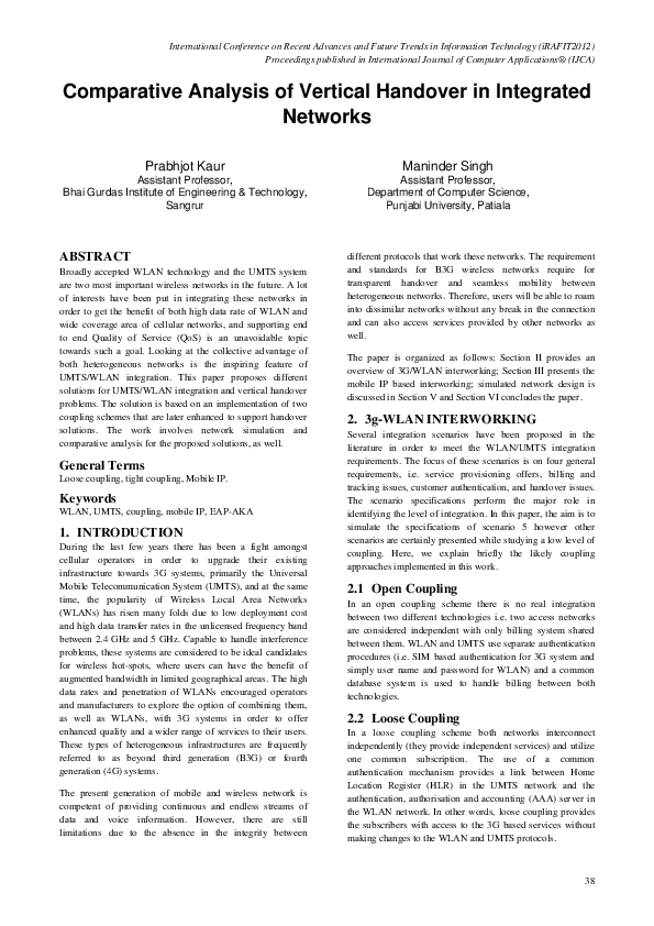 Pdf Comparative Analysis Of Vertical Handover In Integrated Networks
