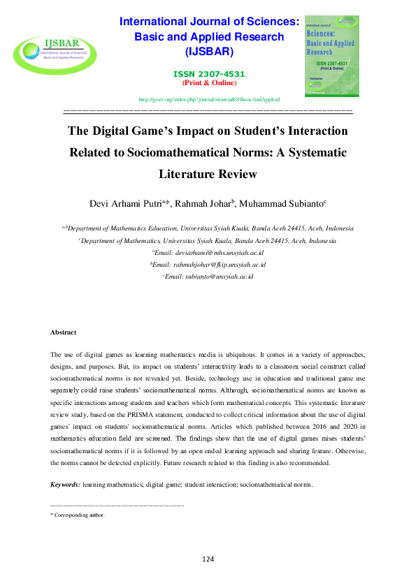 (PDF) The Digital Game’s Impact on Student’s Interaction Related to Sociomathematical Norms: A ...