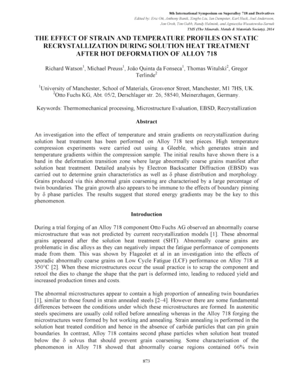 Pdf The Effect Of Strain And Temperature Profiles On Static Recrystallization During Solution