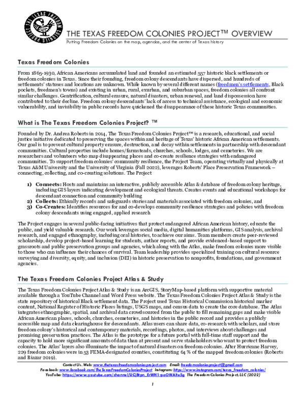 (PDF) Introduction to The Texas Freedom Colonies Project Overview (2023)