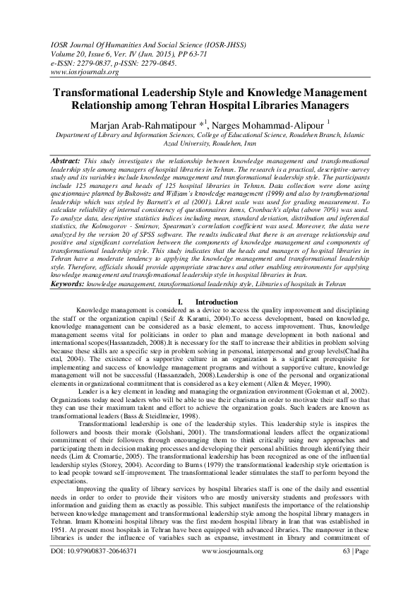 (PDF) Transformational Leadership Style and Knowledge Management Relationship among Tehran ...