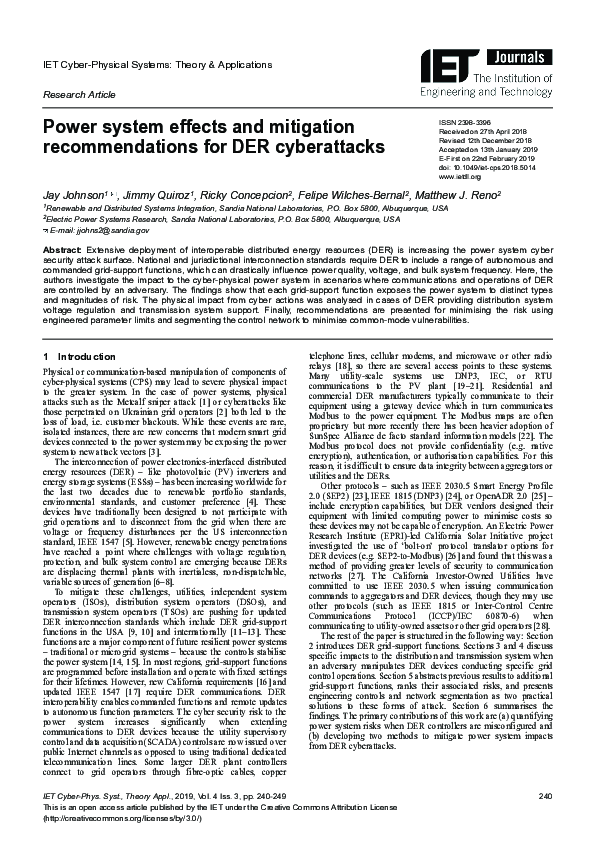 (PDF) Power system effects and mitigation recommendations for DER cyberattacks