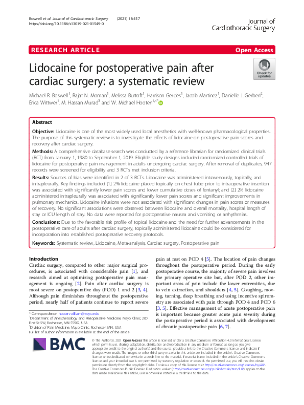(PDF) Lidocaine for postoperative pain after cardiac surgery: a ...