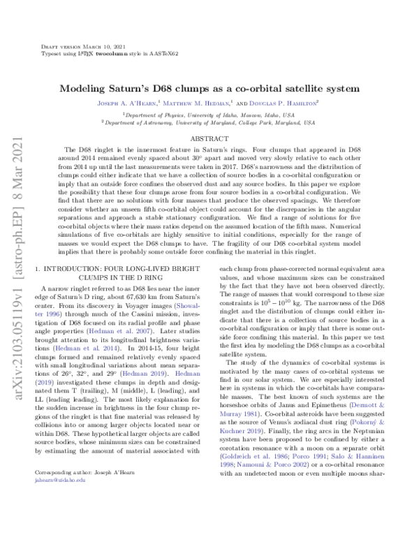 (PDF) Modeling Saturn’s D68 Clumps as a Co-orbital Satellite System