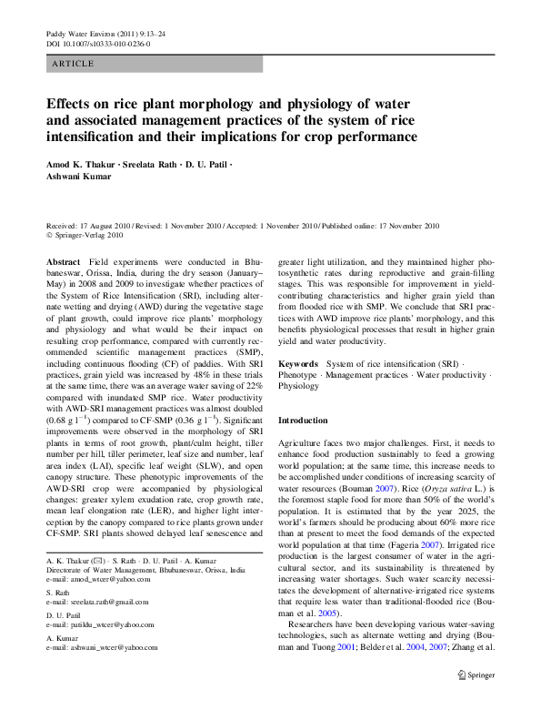 Pdf Effects On Rice Plant Morphology And Physiology Of Water And Associated Management
