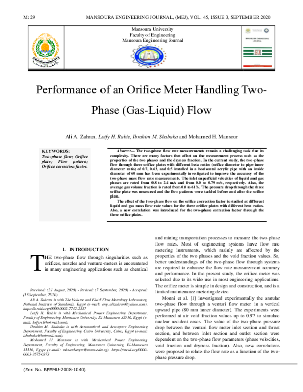 (PDF) Performance of an Orifice Meter Handling Two-Phase (Gas-Liquid) Flow.(Dept. M) | lotfy ...