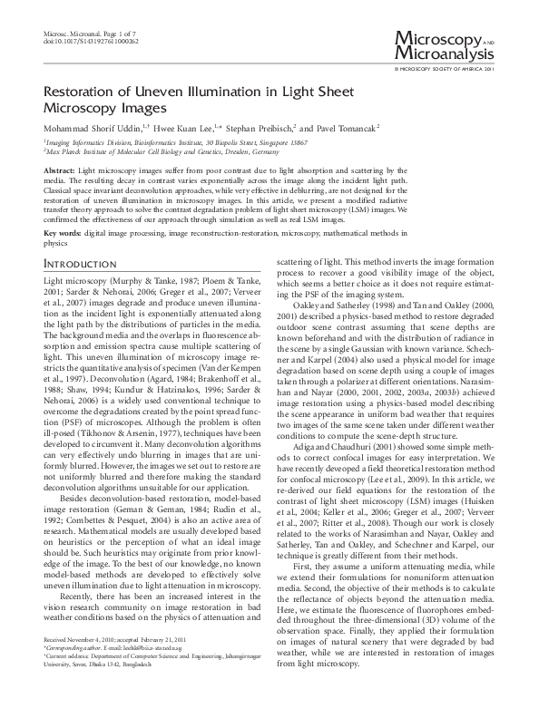 (PDF) Restoration of Uneven Illumination in Light Sheet Microscopy Images