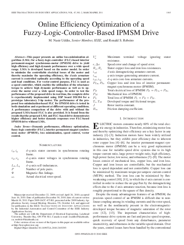 Pdf Online Efficiency Optimization Of A Fuzzy Logic Controller Based Ipmsm Drive Mohammad