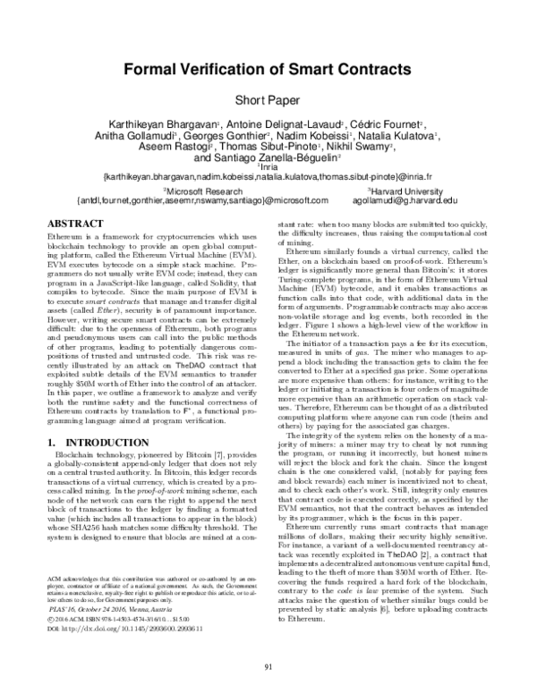 Pdf Formal Verification Of Smart Contracts