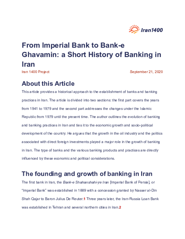 (PDF) From Imperial Bank to Bank-e Ghavamin a Short History of Banking ...