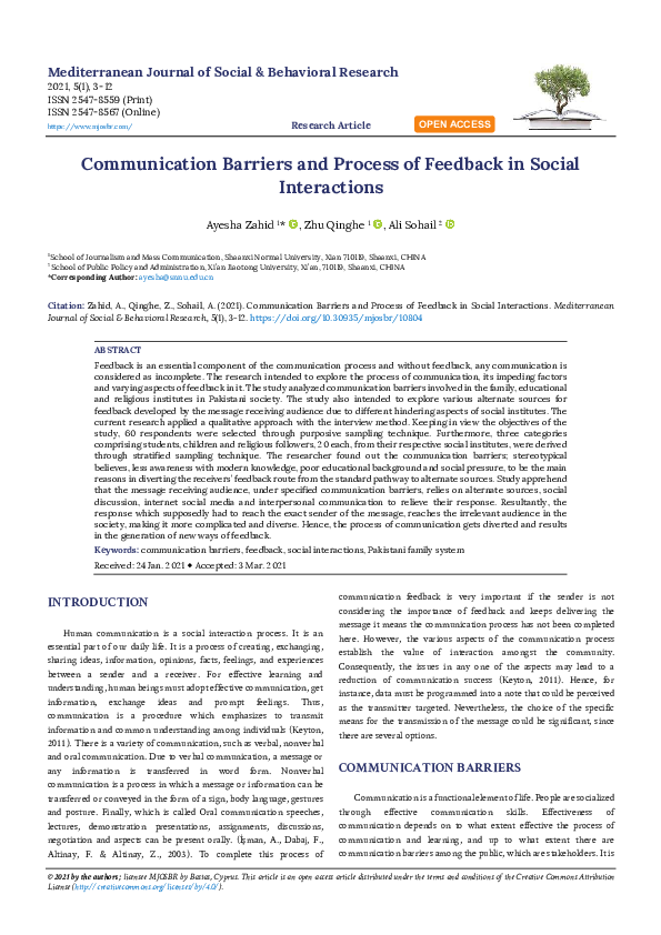 (PDF) Communication Barriers and Process of Feedback in Social Interactions