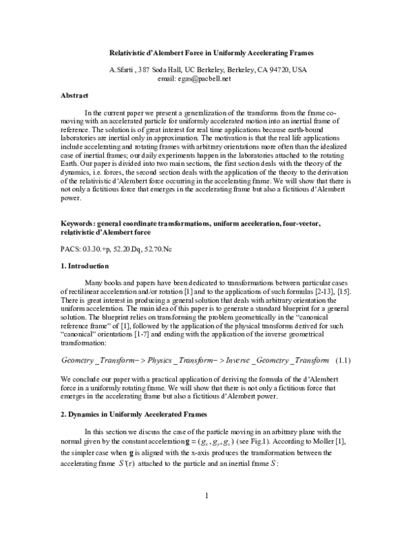 (PDF) Relativistic d'Alembert Force in Uniformly Accelerating Frames