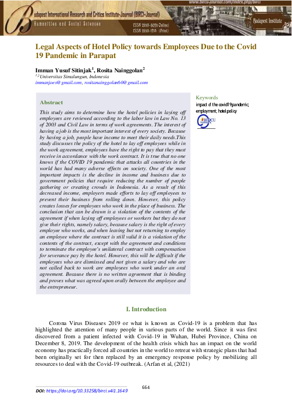 (PDF) Legal Aspects of Hotel Policy towards Employees Due to the Covid ...