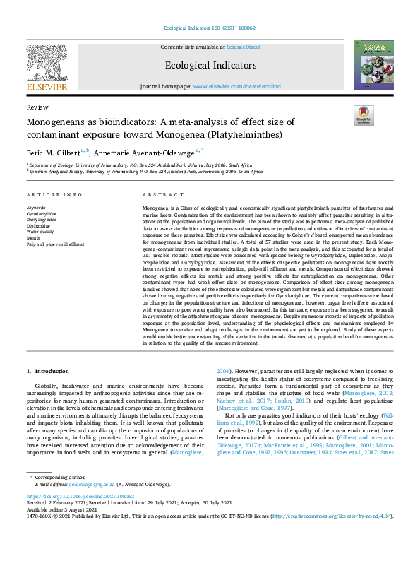 (PDF) Monogeneans as bioindicators: A meta-analysis of effect size of ...