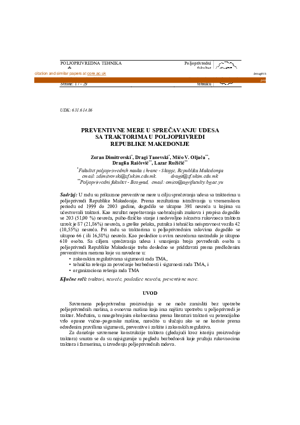 (PDF) Preventivne mere u sprečavanju udesa sa traktorima u poljoprivredi republike Makedonije