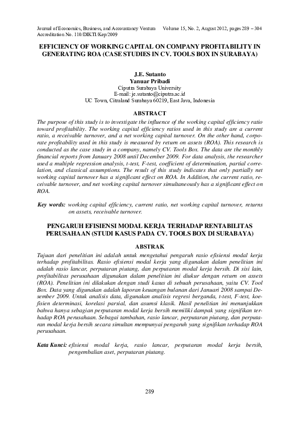 (PDF) Efficiency of Working Capital on Company Profitability in Generating Roa (Case Studies in ...