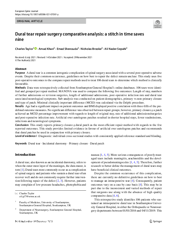 (PDF) Dural tear repair surgery comparative analysis: a stitch in time ...