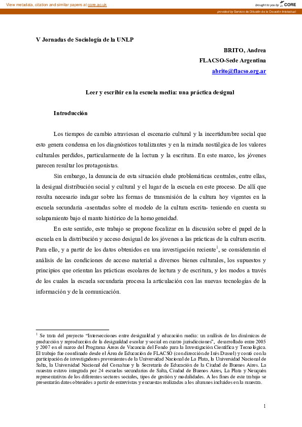 (PDF) Leer y escribir en la escuela media : Una práctica desigual | Andrea Brito - Academia.edu