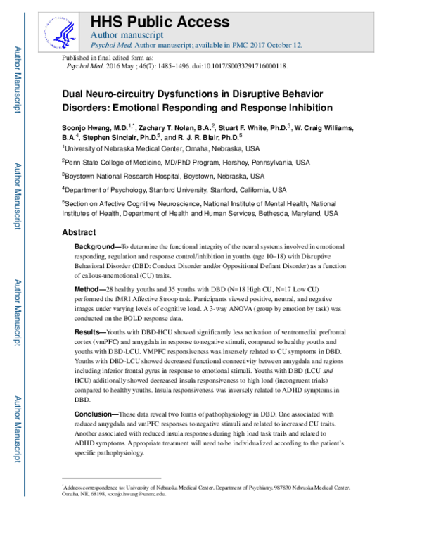 (PDF) Dual neurocircuitry dysfunctions in disruptive behavior disorders ...