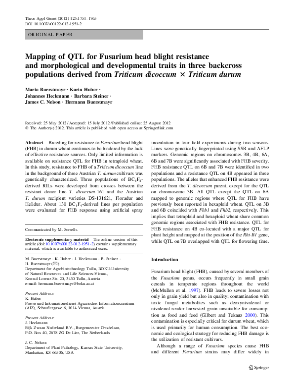 (PDF) Mapping of QTL for Fusarium head blight resistance and morphological and developmental ...