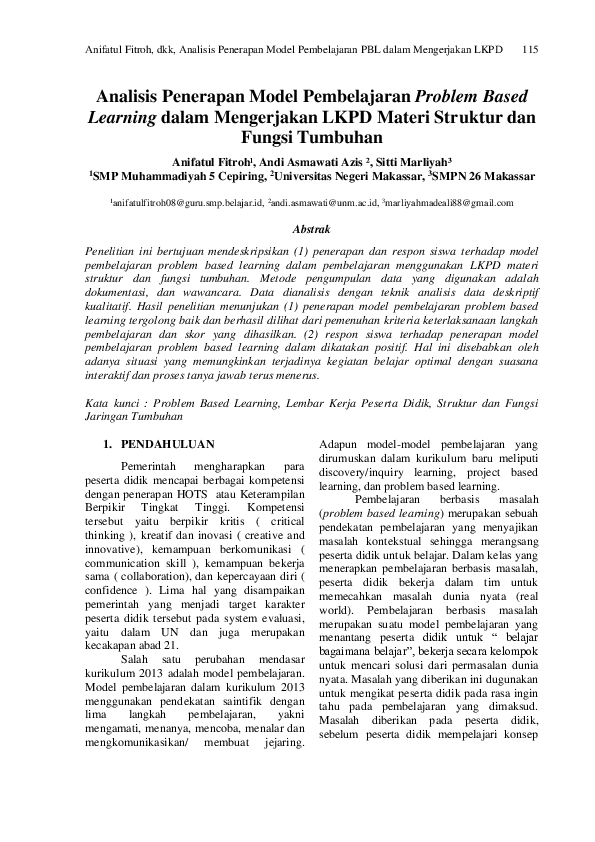 (PDF) Analisis Penerapan Model Pembelajaran Problem Based Learning dalam Mengerjakan LKPD Materi ...