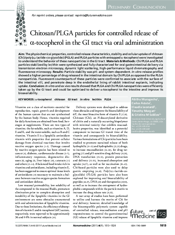 (PDF) Chitosan/PLGA particles for controlled release of α-tocopherol in ...