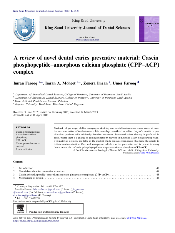 Pdf A Review Of Novel Dental Caries Preventive Material Casein
