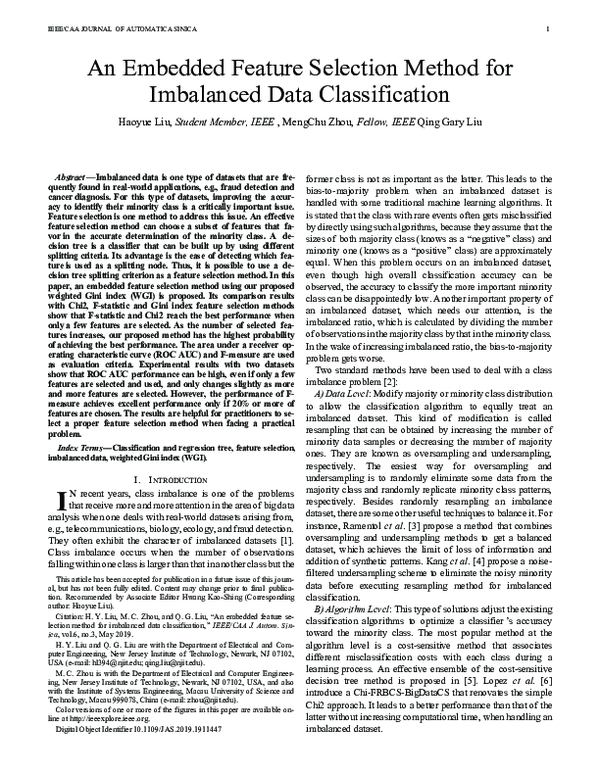Pdf An Embedded Feature Selection Method For Imbalanced Data Classification
