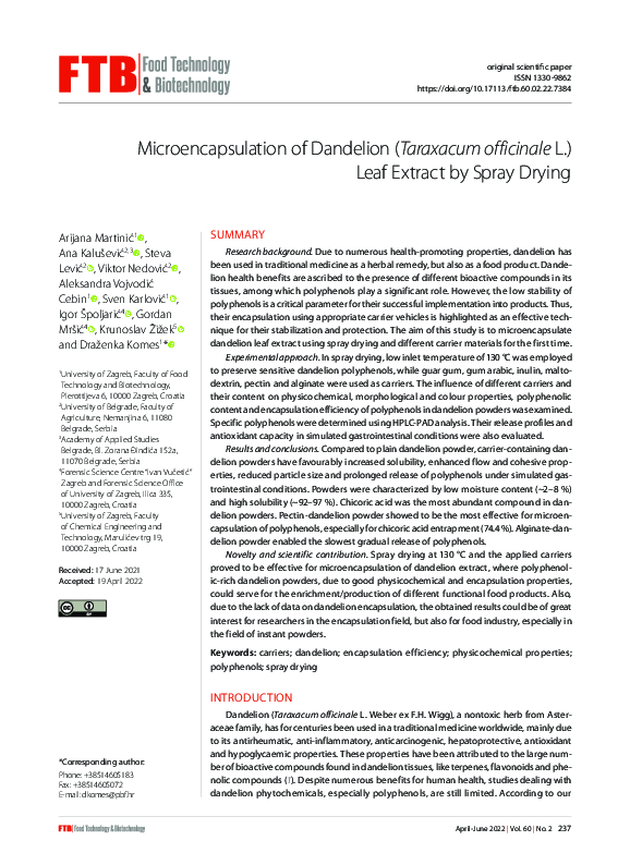 (PDF) Microencapsulation of Dandelion (Taraxacum officinale L.) Leaf Extract by Spray Drying