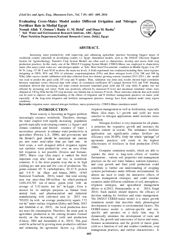 Pdf Evaluating Ceres Maize Model Under Different Irrigation And Nitrogen Fertilizer Rate In