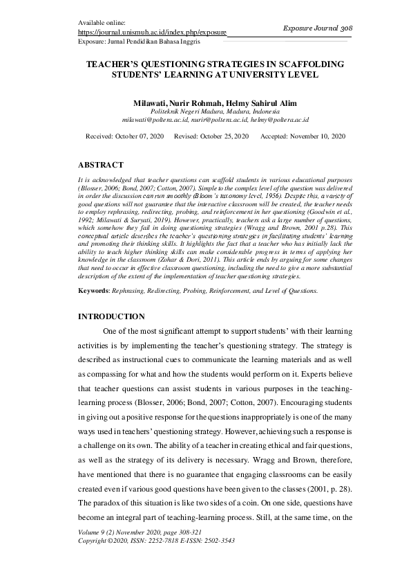 (PDF) Teacher’s Questioning Strategies in Scaffolding Students’ Learning at University Level