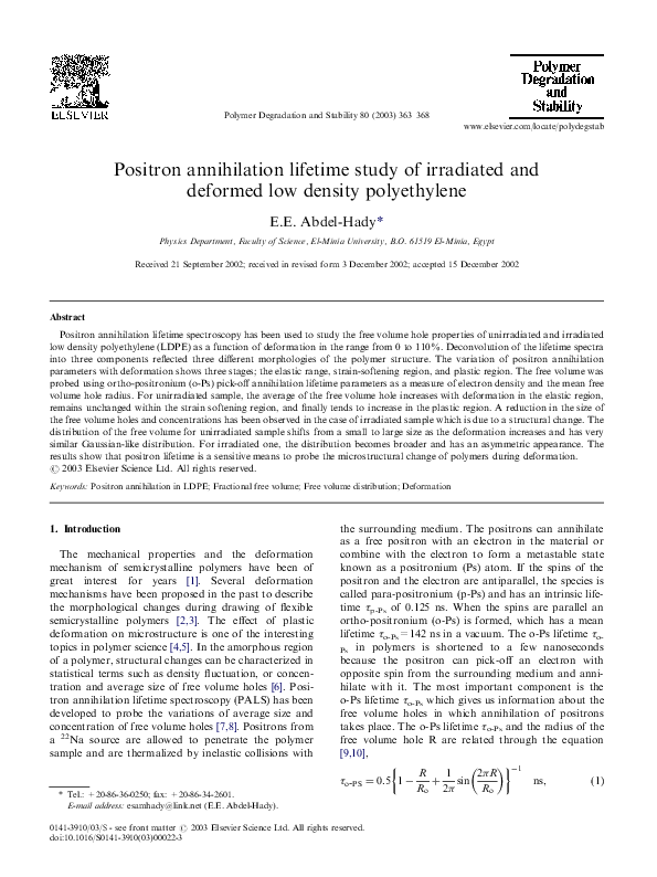 (PDF) Positron annihilation lifetime study of irradiated and deformed low density polyethylene
