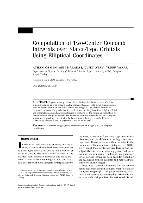 Pdf Computation Of Two Center Coulomb Integrals Over Slater Type