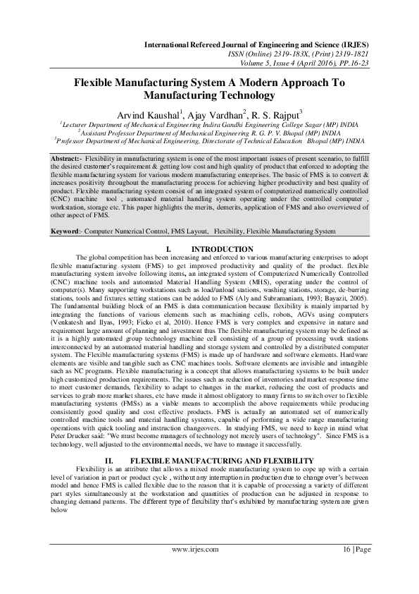 (PDF) Flexible Manufacturing System A Modern Approach To Manufacturing Technology