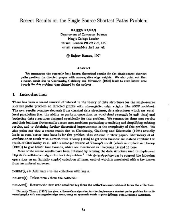 Pdf Recent Results On The Single Source Shortest Paths Problem Rajeev Raman