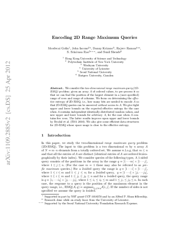 Pdf Encoding 2d Range Maximum Queries Rajeev Raman