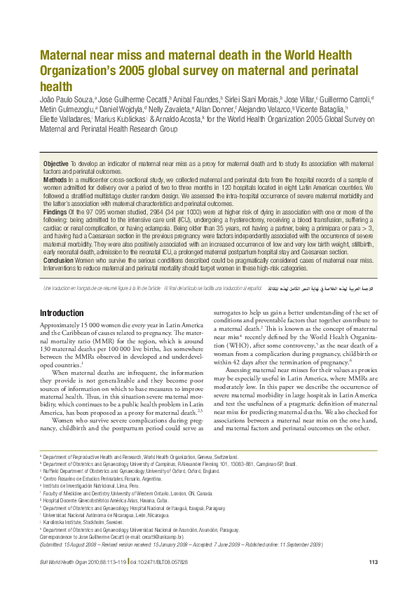 (PDF) Maternal near miss and maternal death in the 2005 WHO global ...