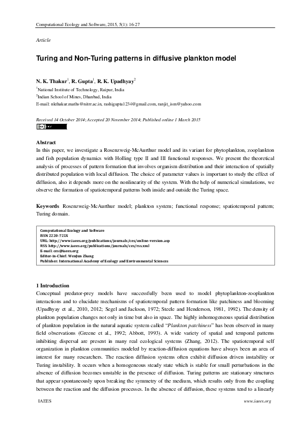 (PDF) Turing and Non-Turing patterns in diffusive plankton model