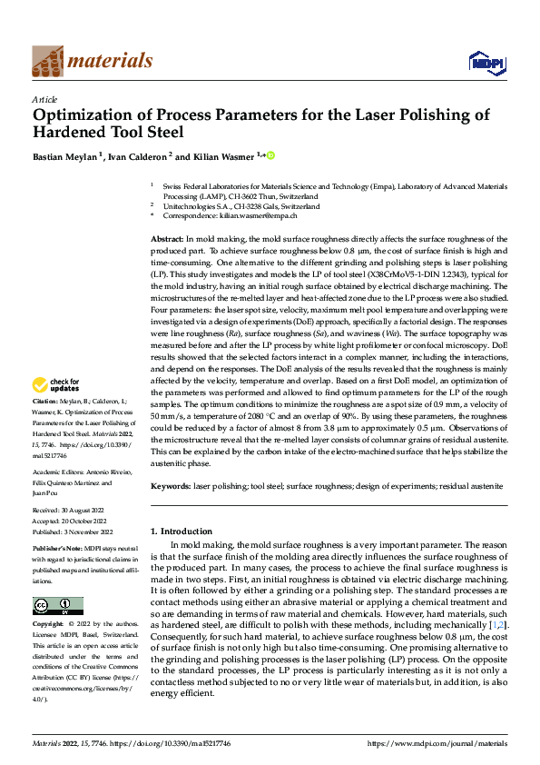 Pdf Optimization Of Process Parameters For The Laser Polishing Of