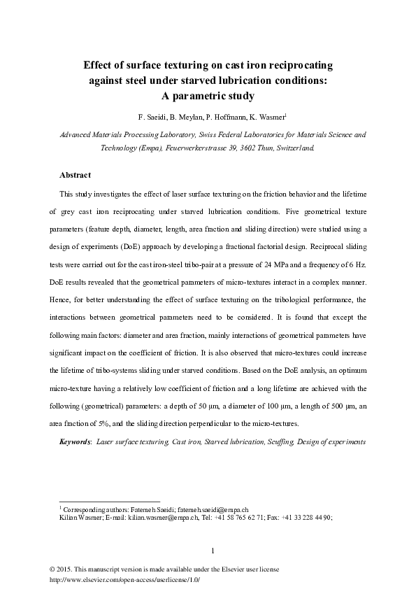 Pdf Effect Of Surface Texturing On Cast Iron Reciprocating Against Steel Under Starved