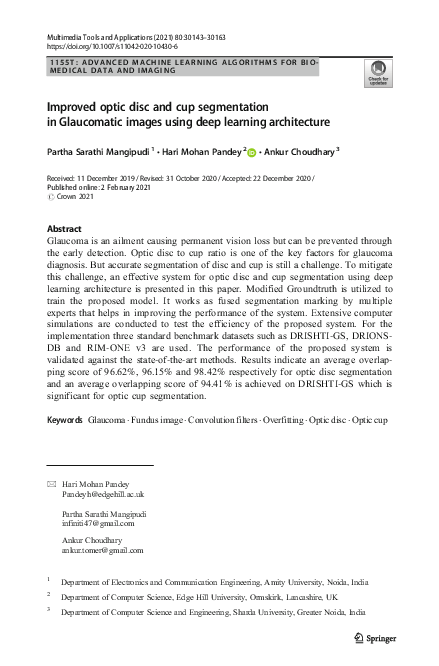 Pdf Improved Optic Disc And Cup Segmentation In Glaucomatic Images Using Deep Learning