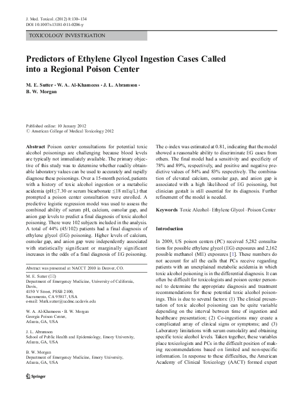(PDF) Predictors of ethylene glycol ingestion cases called into a ...