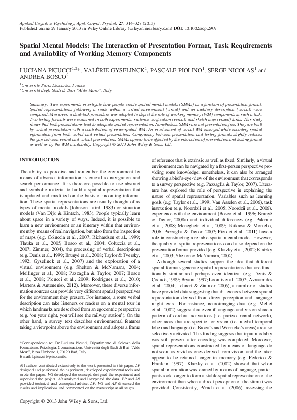 (PDF) Spatial Mental Models: The Interaction of Presentation Format, Task Requirements and ...