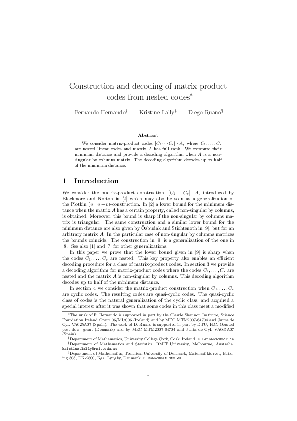 (PDF) Construction and decoding of matrix-product codes from nested codes