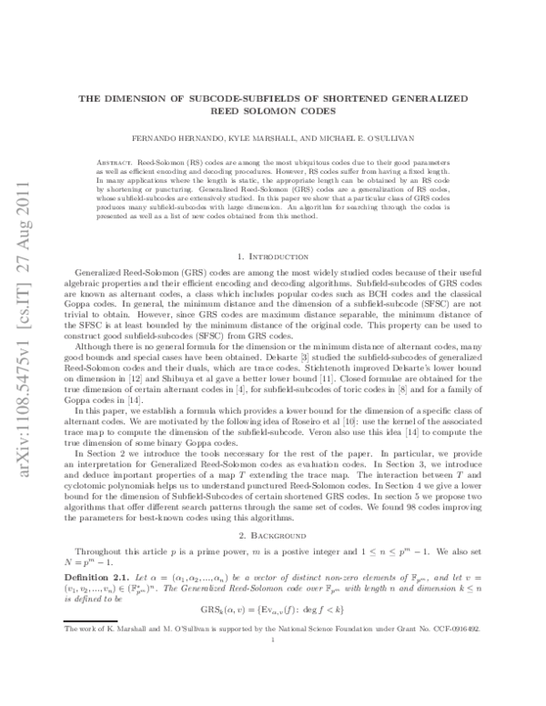 Pdf The Dimension Of Subcode Subfields Of Shortened Generalized Reed