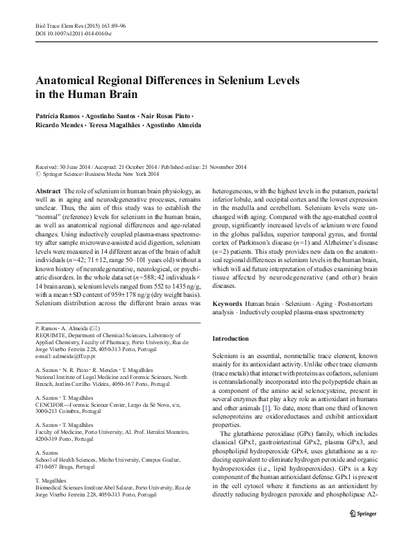 (PDF) Anatomical Regional Differences in Selenium Levels in the Human Brain