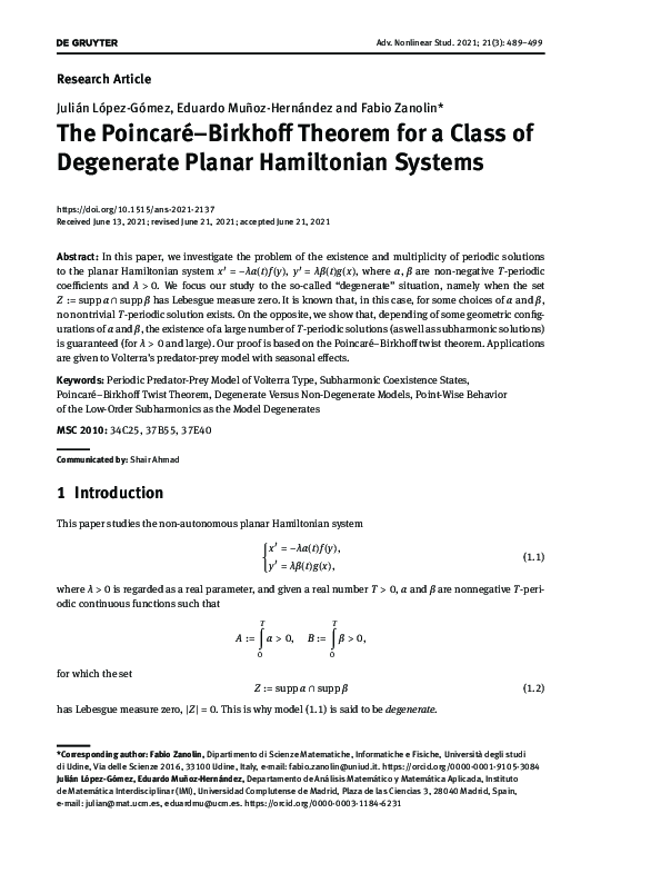(PDF) The Poincaré–Birkhoff Theorem for a Class of Degenerate Planar ...