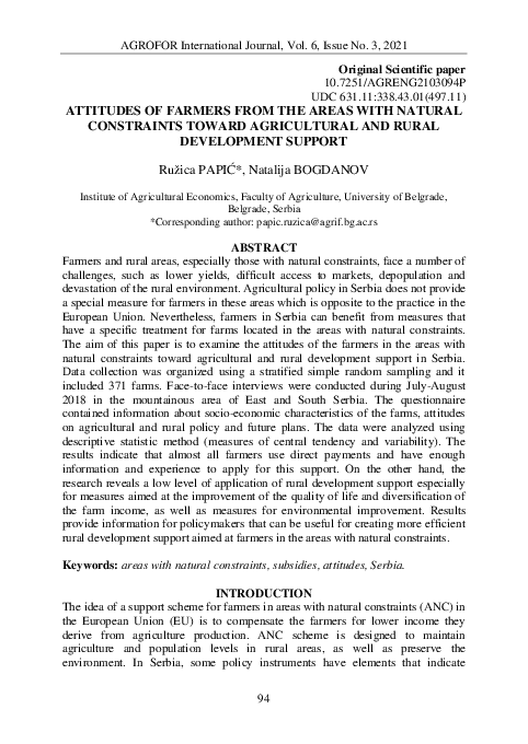 (PDF) Attitudes of Farmers from the Areas with Natural Constraints Toward Agricultural and Rural ...